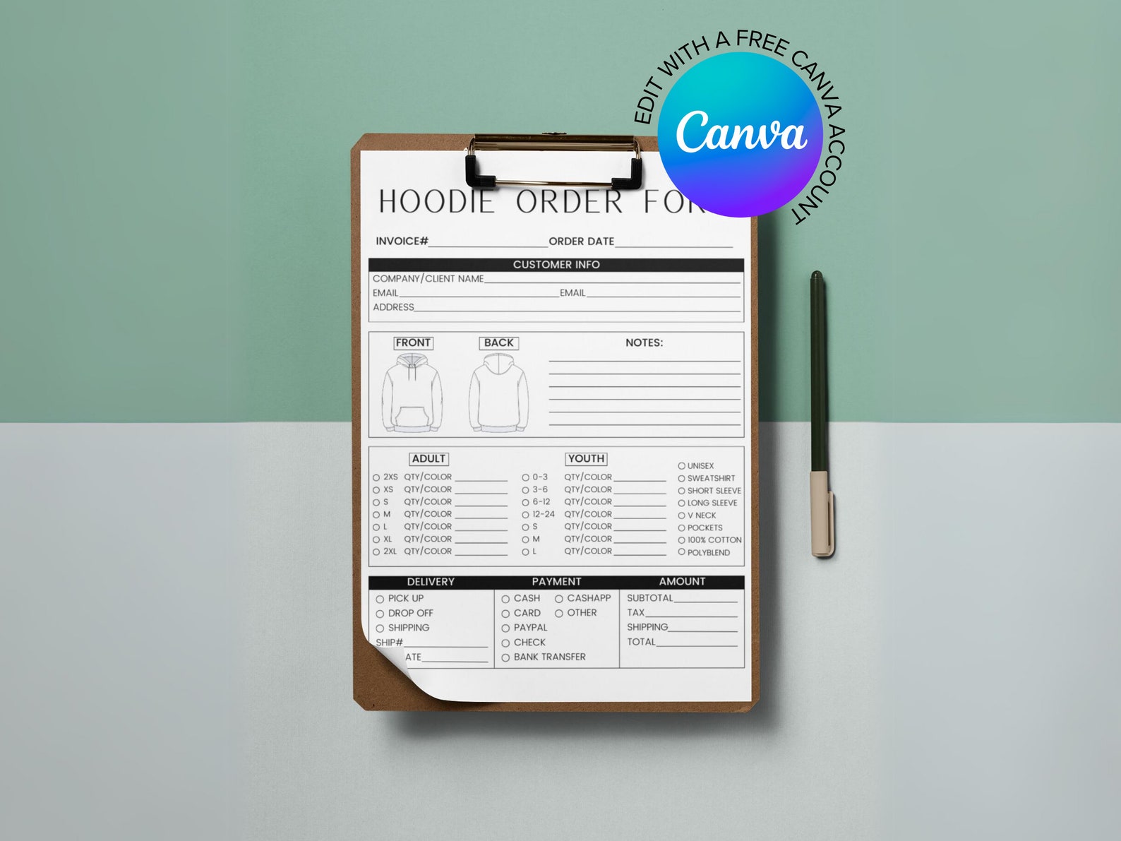 Editable Hoodie Order Form Template, Custom Order Form, Canva Template ...