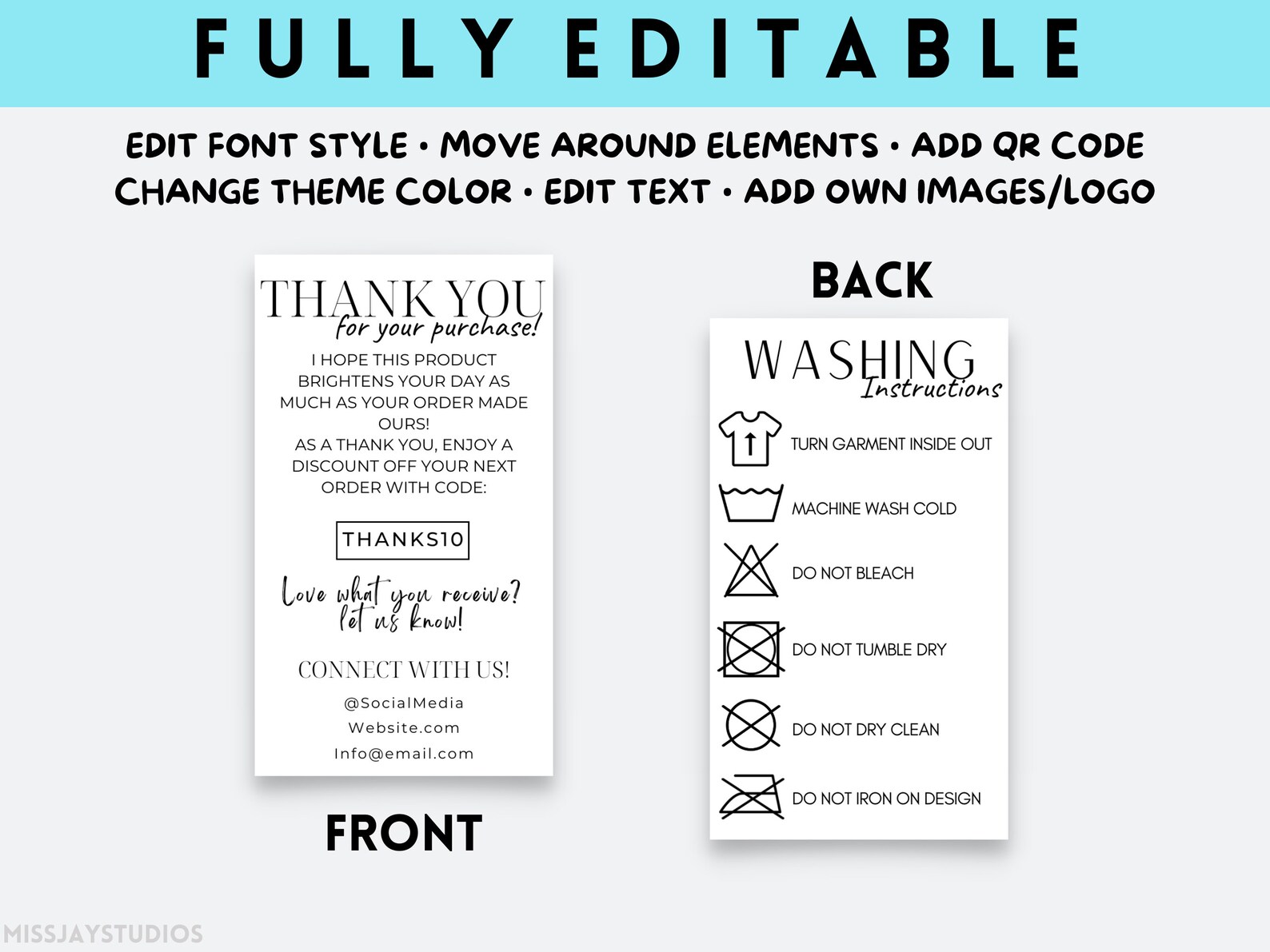 Editable Washing Instruction Template, Thank You Garment Care Card ...