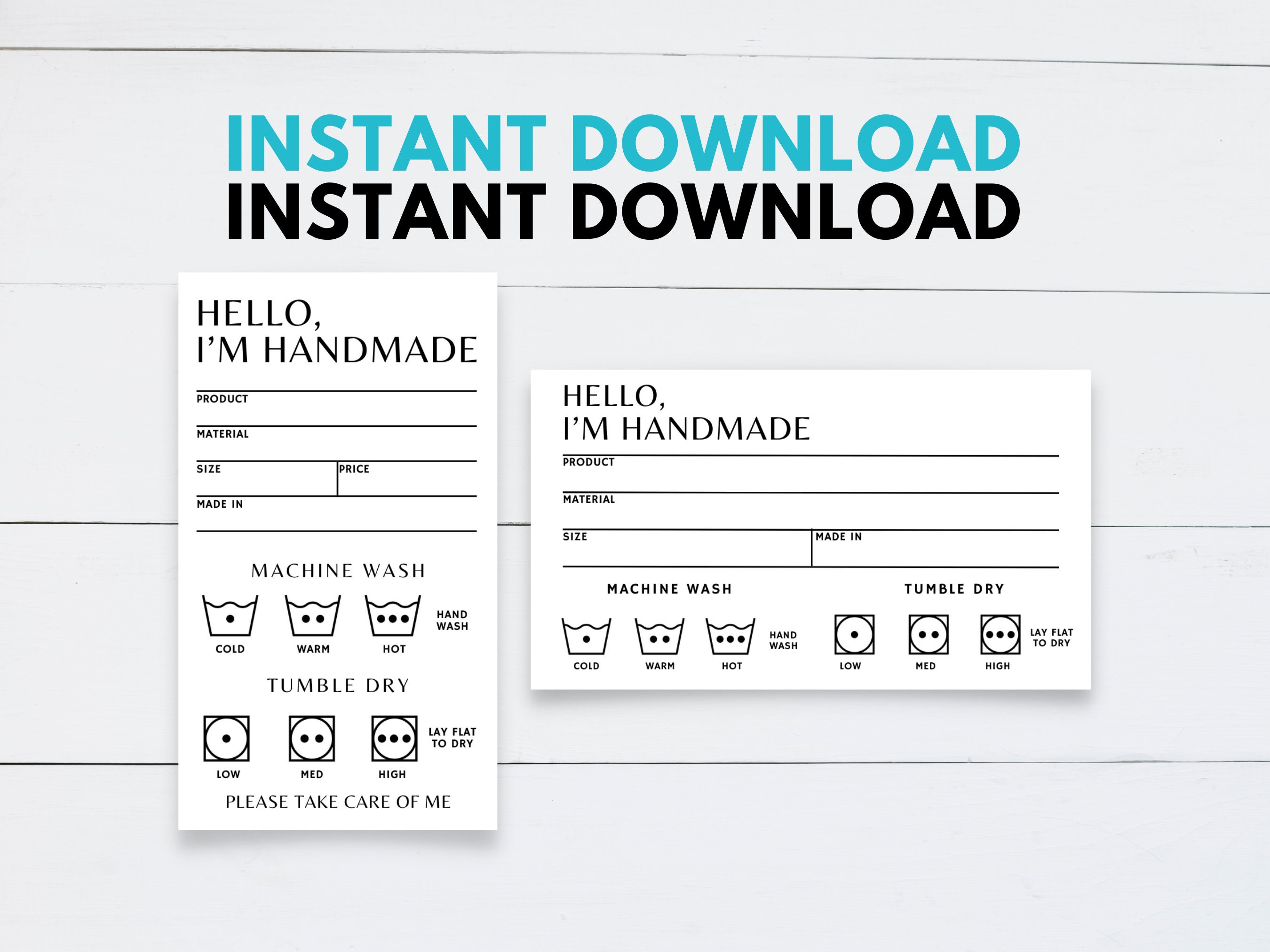 Printable Tags for Handmade Items, Laundry Care Cards, Instant Download ...