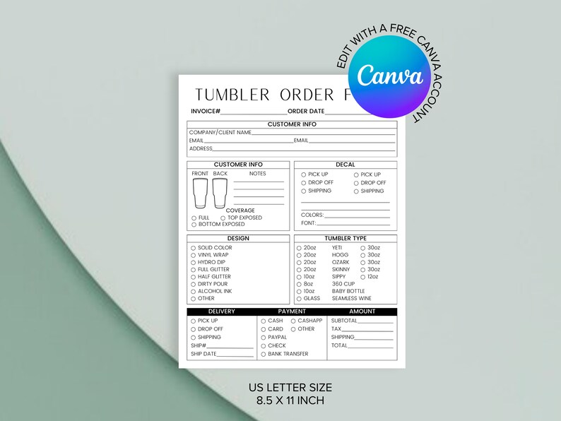 Editable Tumbler Order Form, Canva Template Business Template, Mug ...