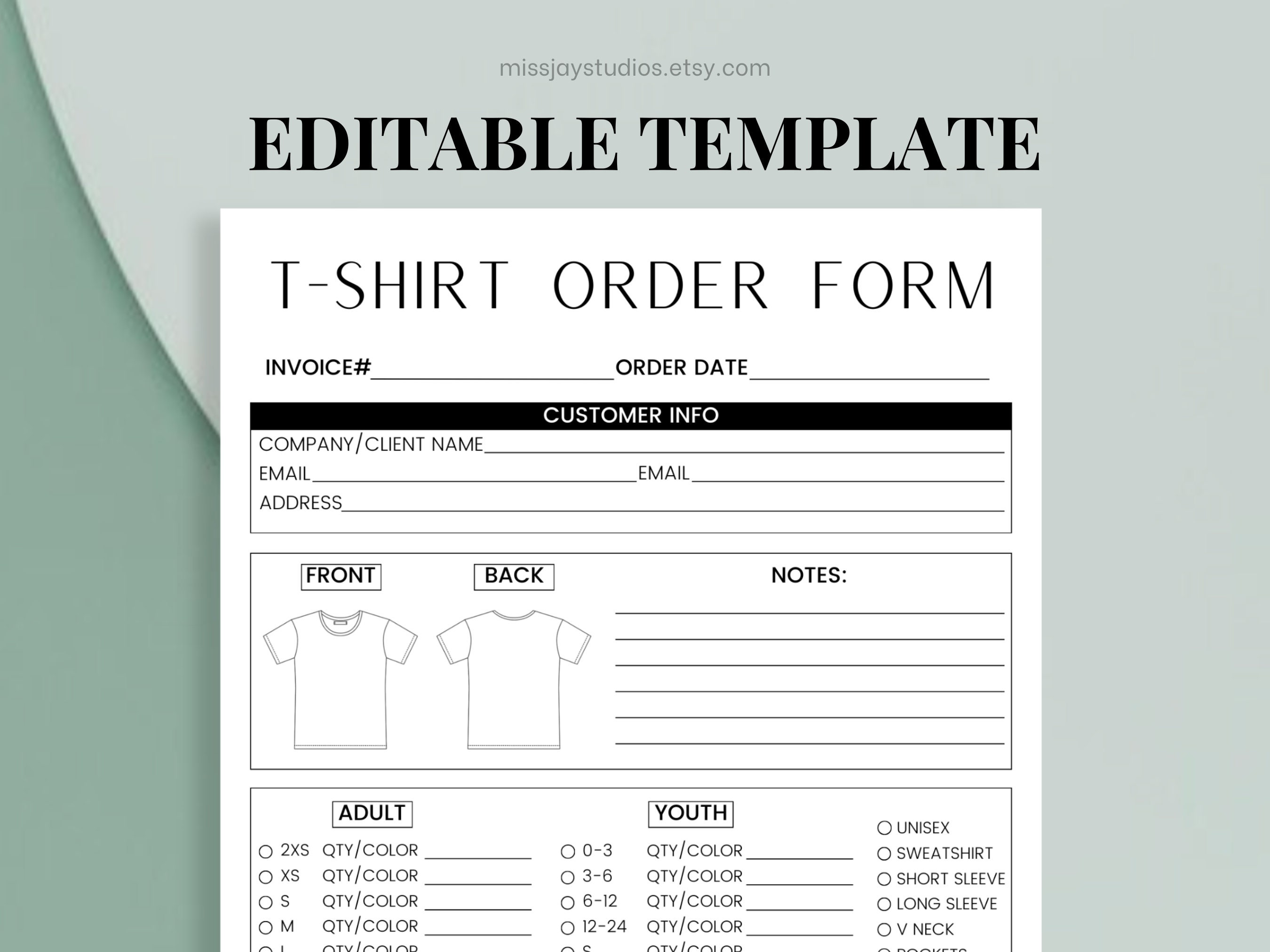 Fillable T-shirt Order Form Editable, Printable Shirt Order Form ...