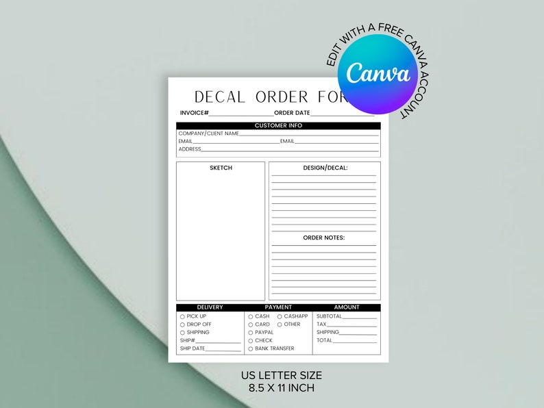 Editable Decal Order Form, Canva Template Business Template, Vinyl ...