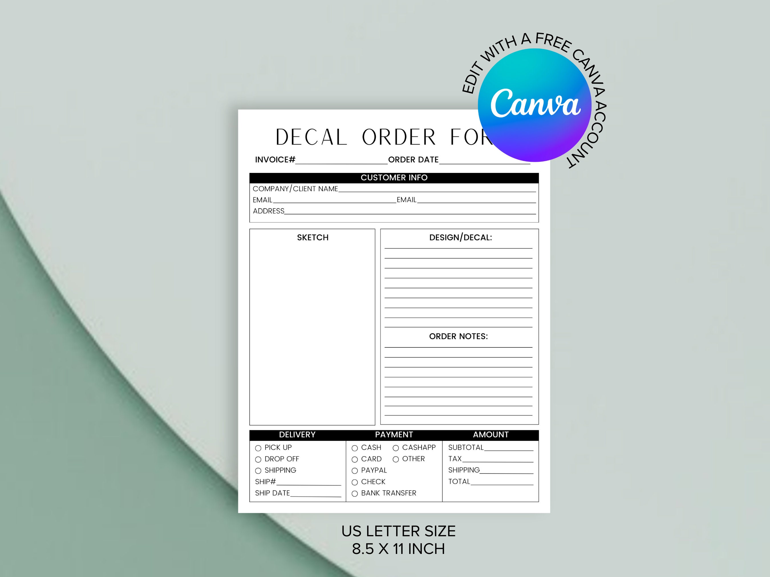 Editable Decal Order Form, Canva Template Business Template, Vinyl ...
