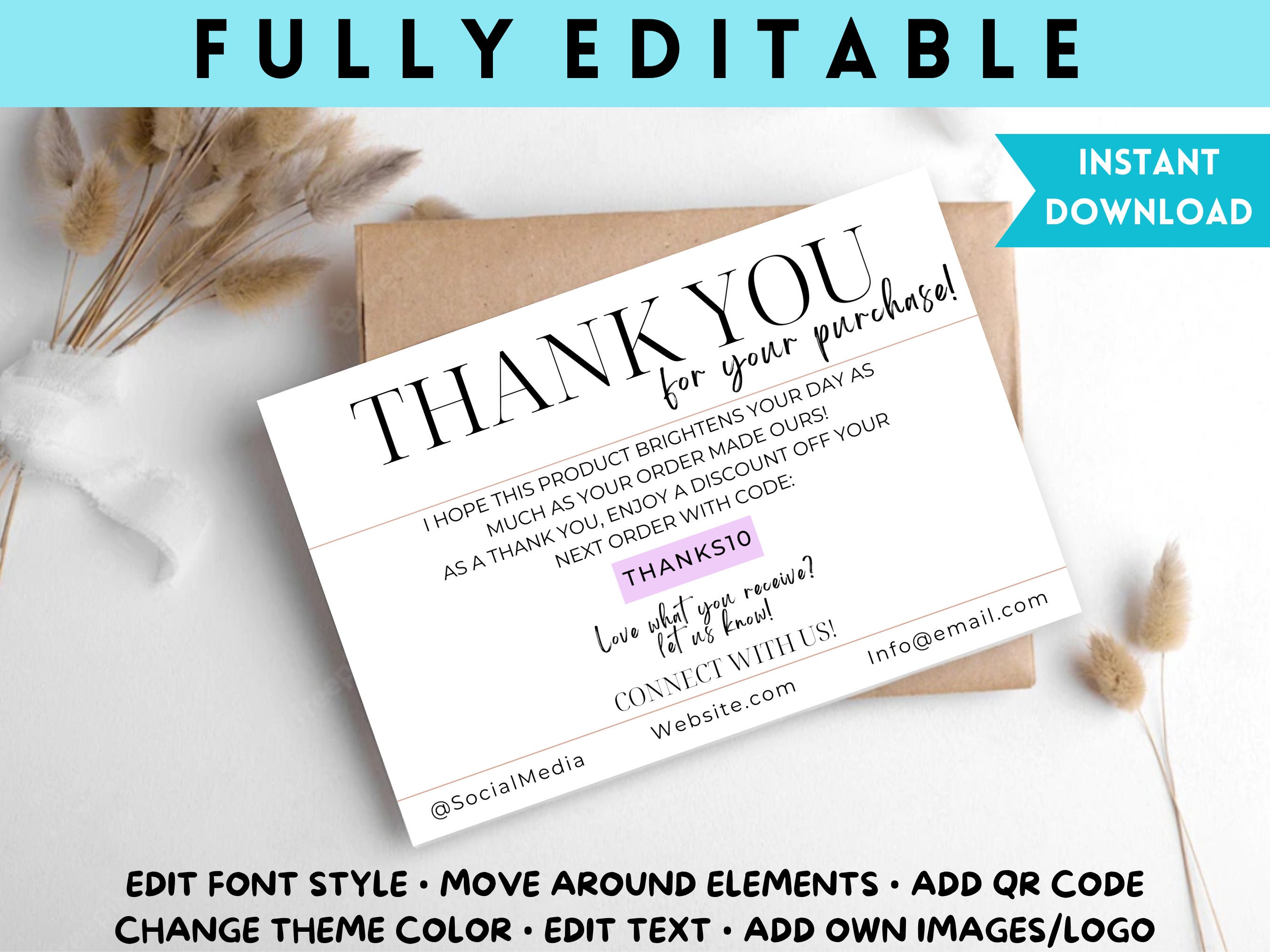 Editable SIMPLE Business Thank You Insert Card Template, Customer ...