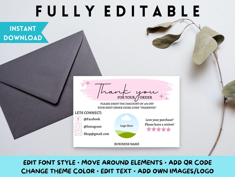 Editable Thank You Card, Printable Canva Templates, Customisable ...