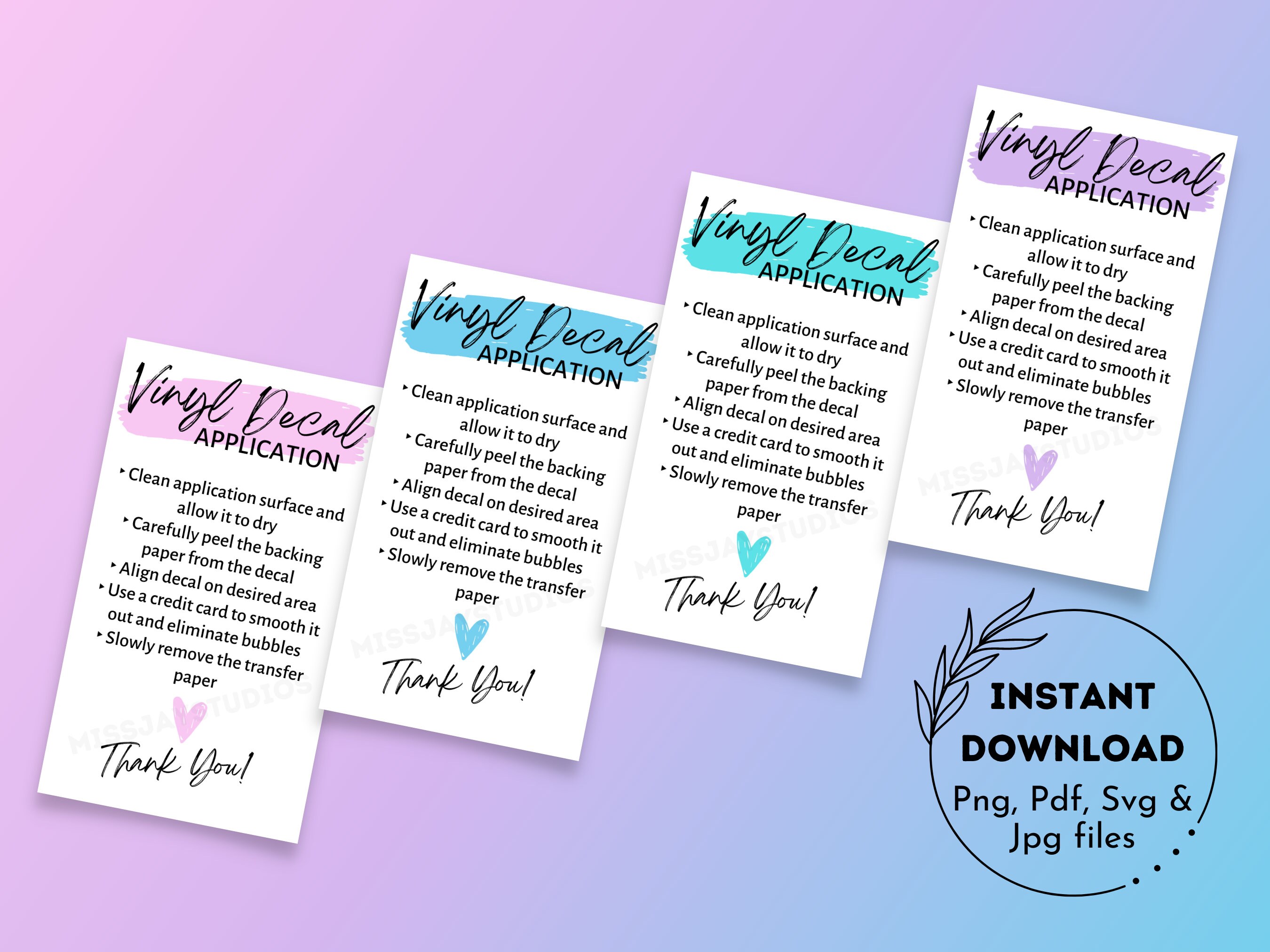 Vinyl Decal Application Card, Printable Vinyl Decal Care Card Instructions, Sticker Packaging ...