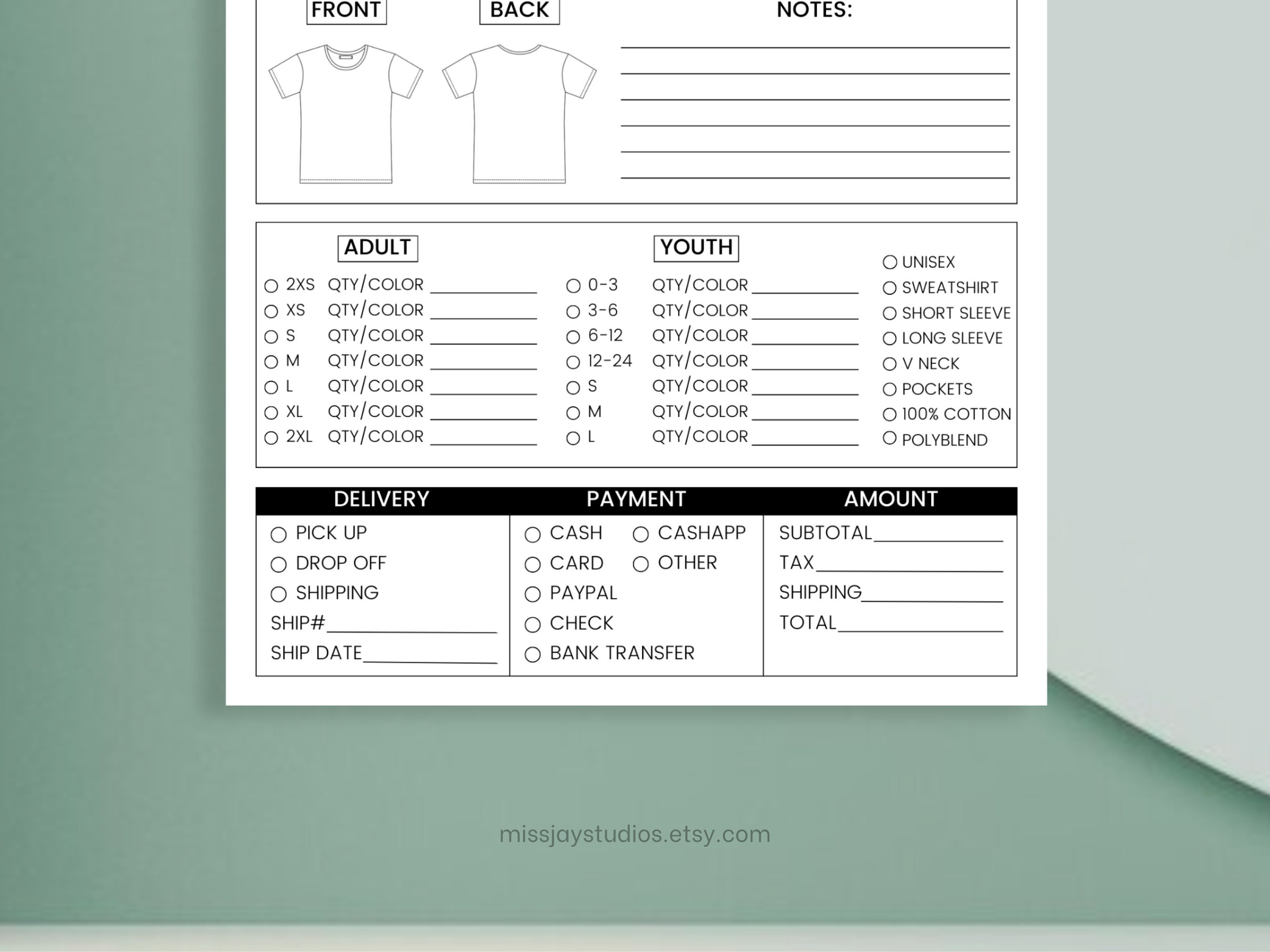 Fillable T-shirt Order Form Editable, Printable Shirt Order Form ...
