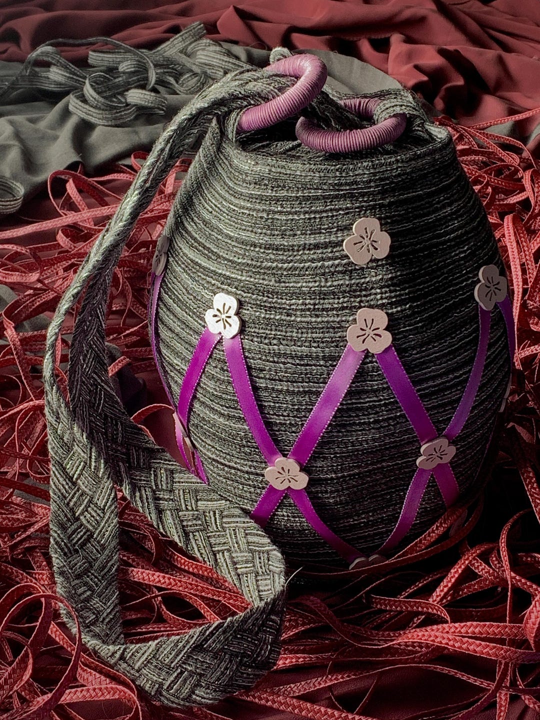 Braided Handle Bucket Bag: Heather Grey Textile Handbag With Lavender ...