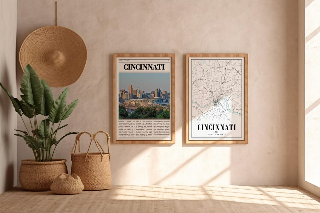 Cincinnati Map Landmark Poster Set: Ohio City Views Home Decor Design ...