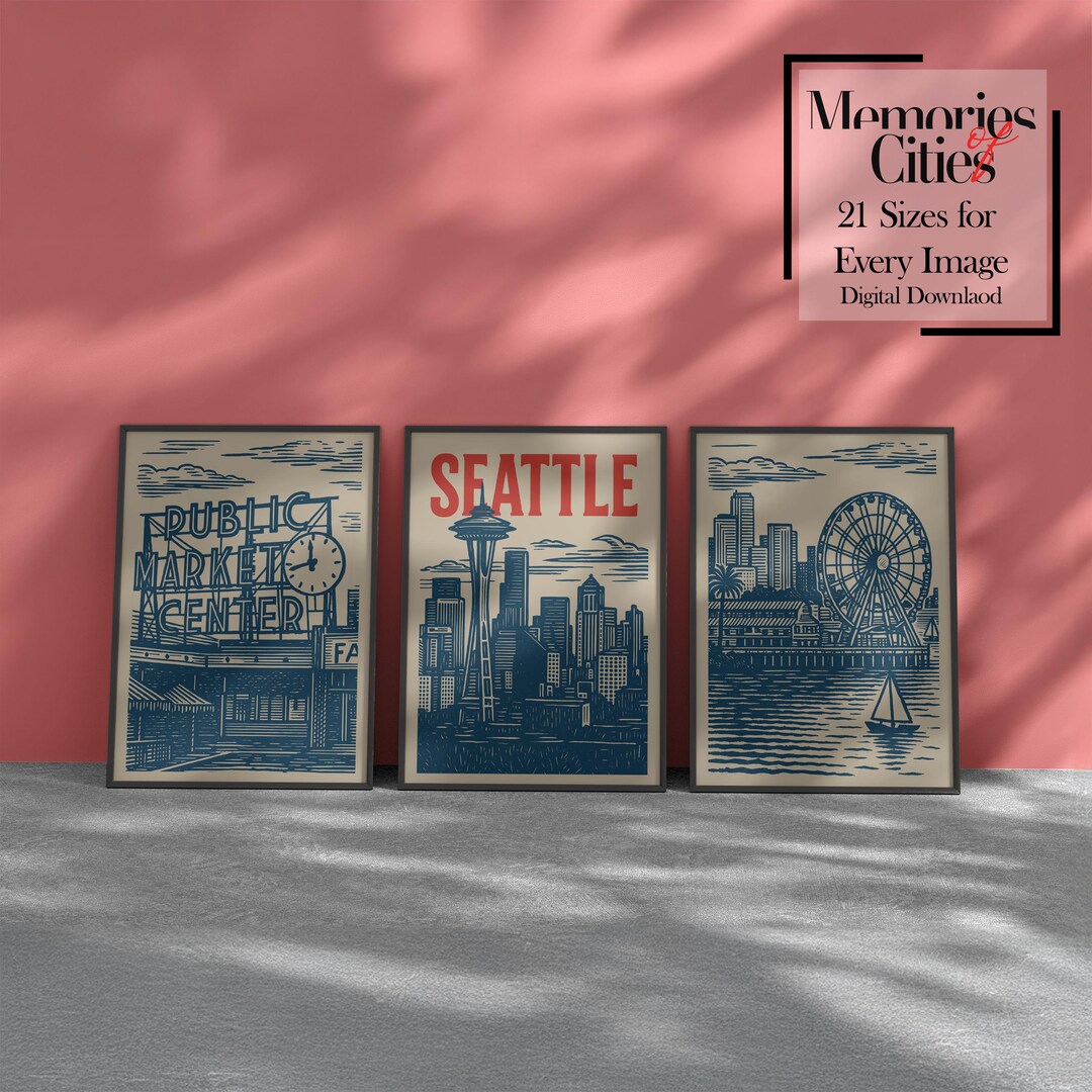 Seattle Landmark Poster Set: Linocut Style Cityscape Prints Digital ...