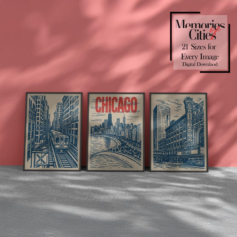 Chicago City Skyline Line Art Print: Illinois Retro Cityscape Home ...