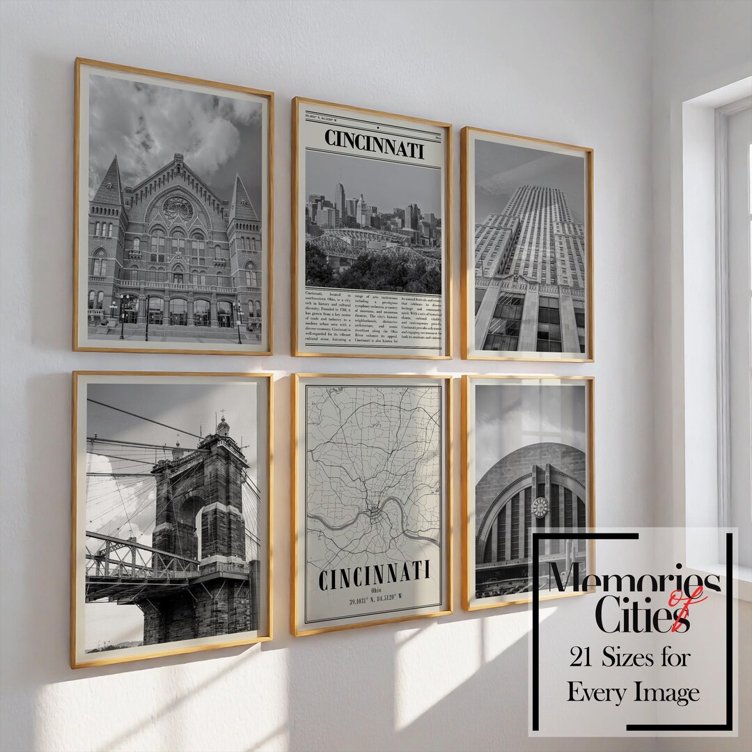 Cincinnati City Prints Set of 6 Cincinnati Poster Black and White ...
