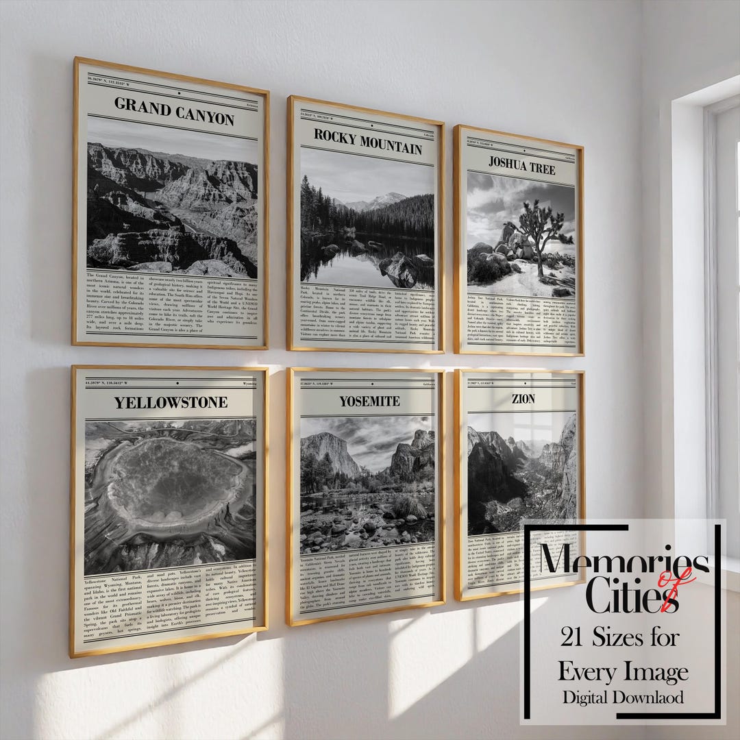 National Parks Black and White Poster Set of 6 Prints Grand Canyon ...