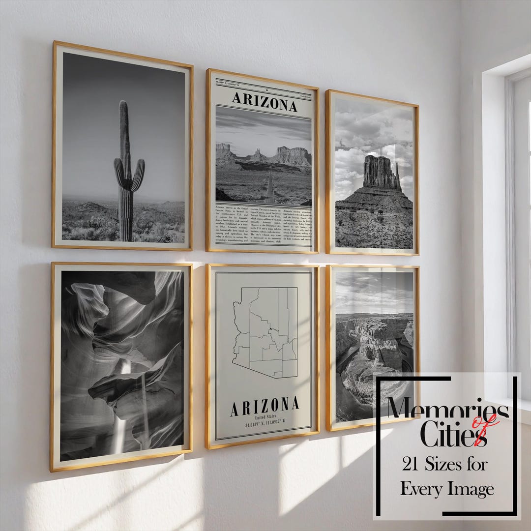 Arizona State Prints Set of 6 Arizona Poster Black and White Arizona ...