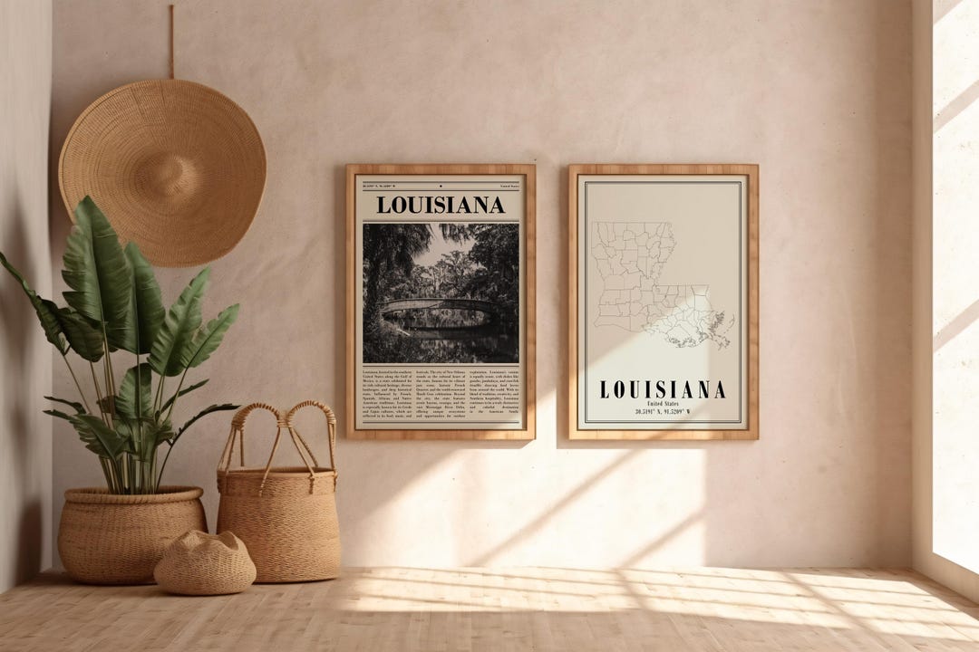 Louisiana State Art Map Print Set: Black and White Map & City Photo ...