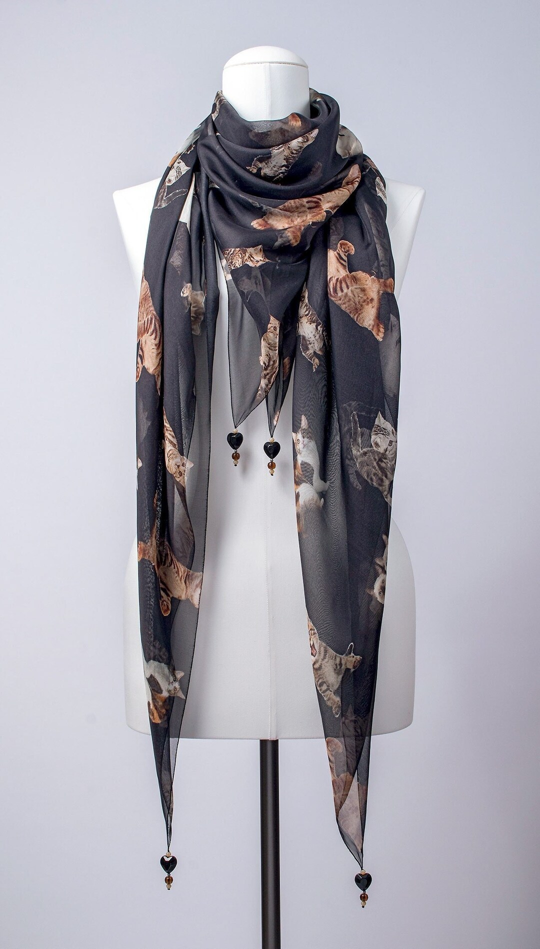 Silk Scarf / Shawl / Cat Motif / Silk Scarf With Pearl Decoration ...