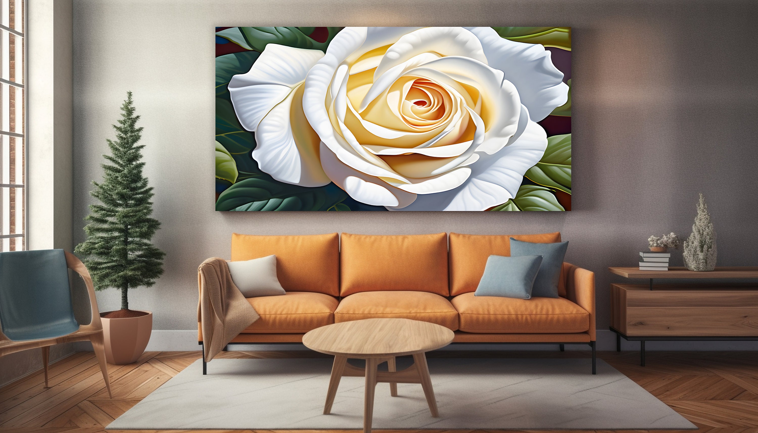 Big White Rose Painting on Canvas, Abstract Floral Artwork, Still Life ...