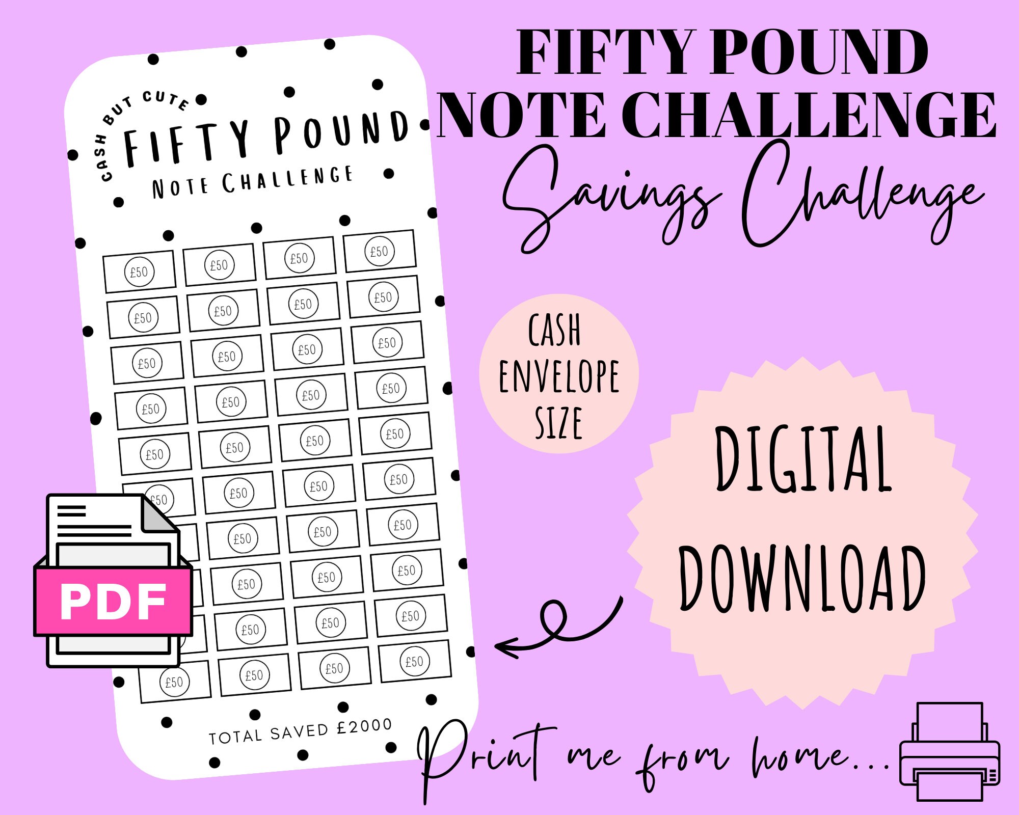 Fifty Pound Note Savings Challenge | DIGITAL DOWNLOAD | Printable ...