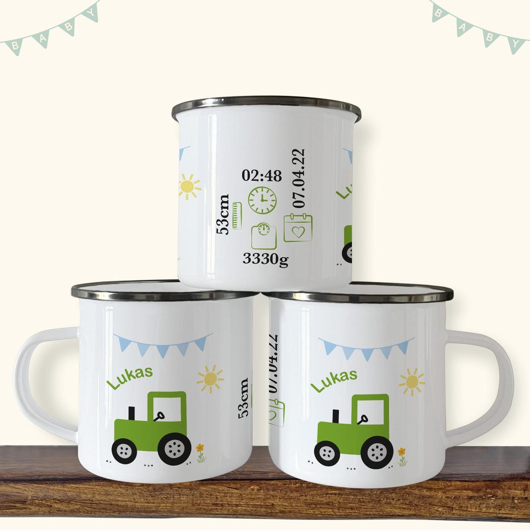 Personalized Enamel Mug for Children – Tractor Green Grey – Mug With ...
