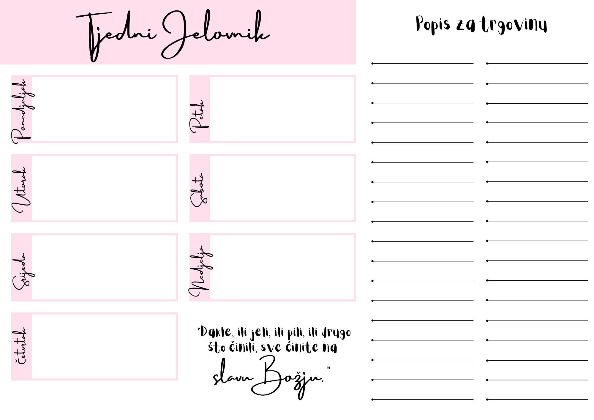 Tjedni Jelovnik Rose A4/meal Planner croatian - Etsy