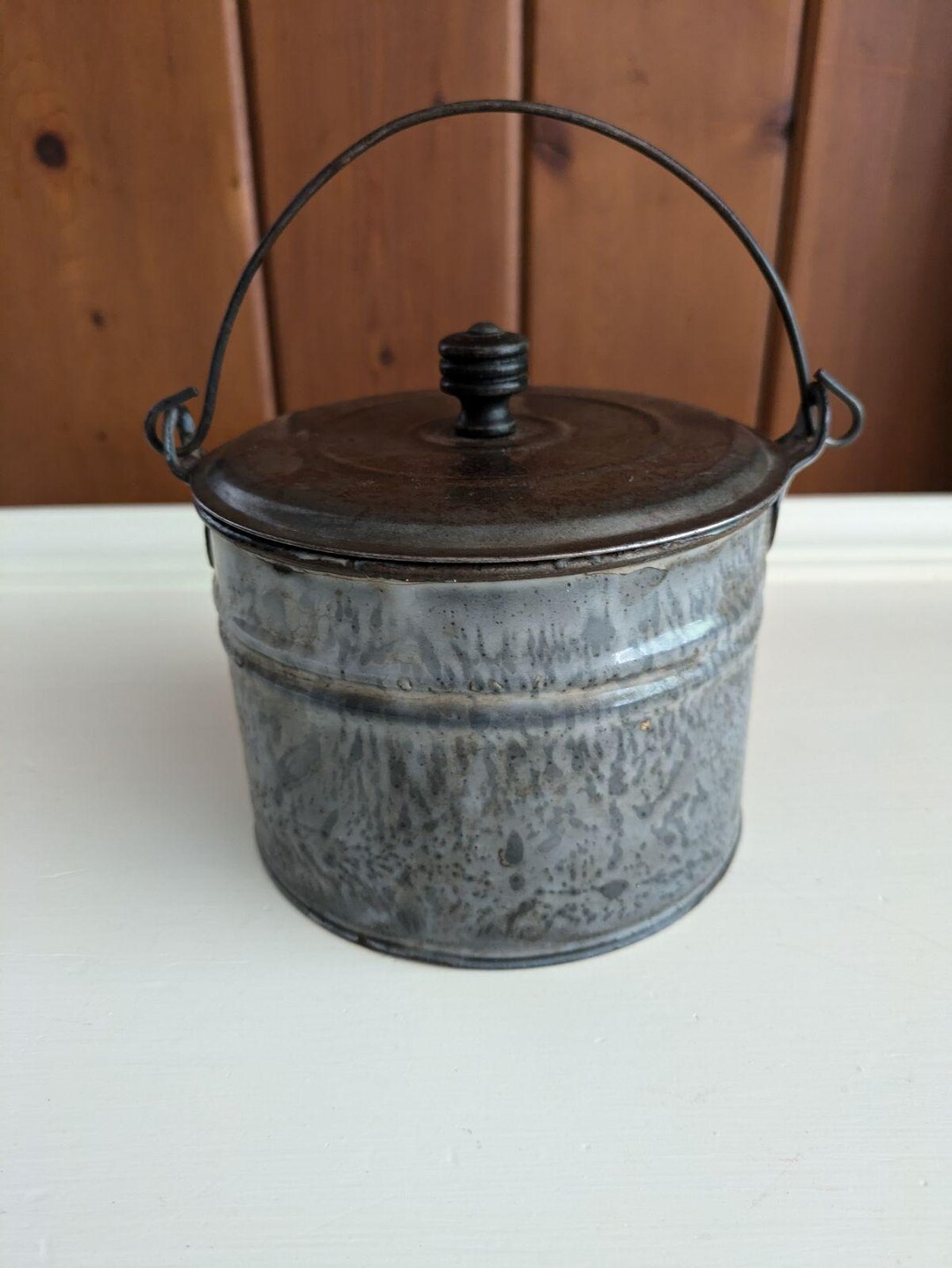 Small Antique Gray Graniteware Bucket/container With Lid - Etsy