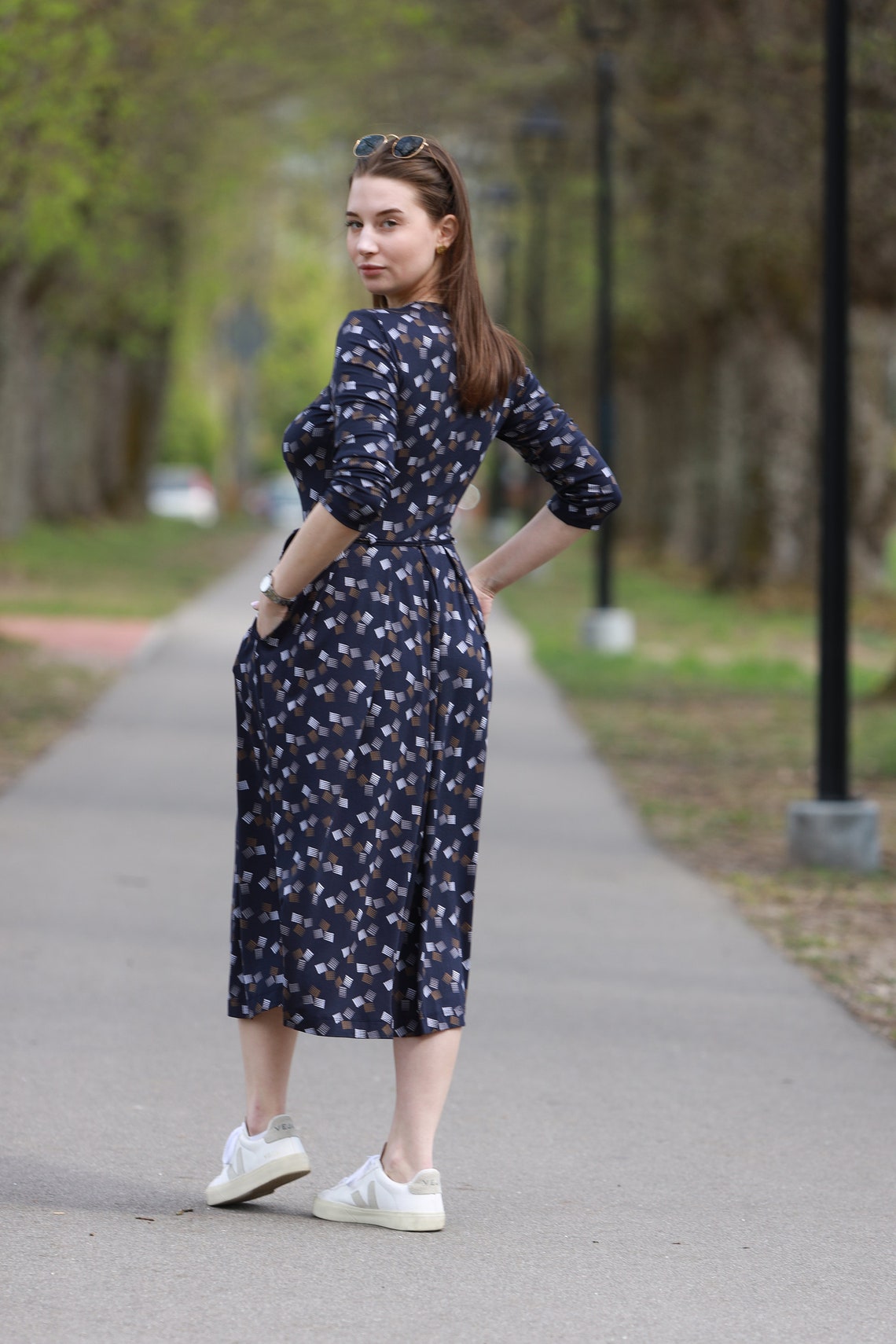 Blue Midi Dress for Women in Jersey Fabric, Dark Blue Summer Dress With ...