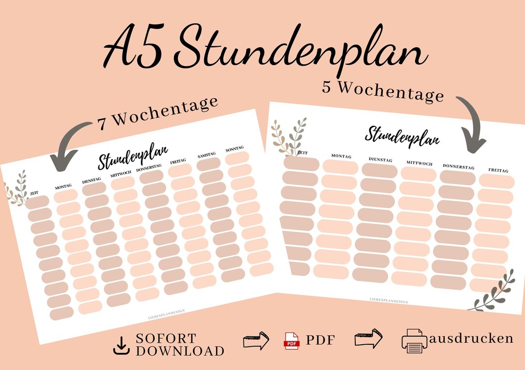 A5 Timetable 5 and 7 Days of the Week PDF Instant Download Printable ...