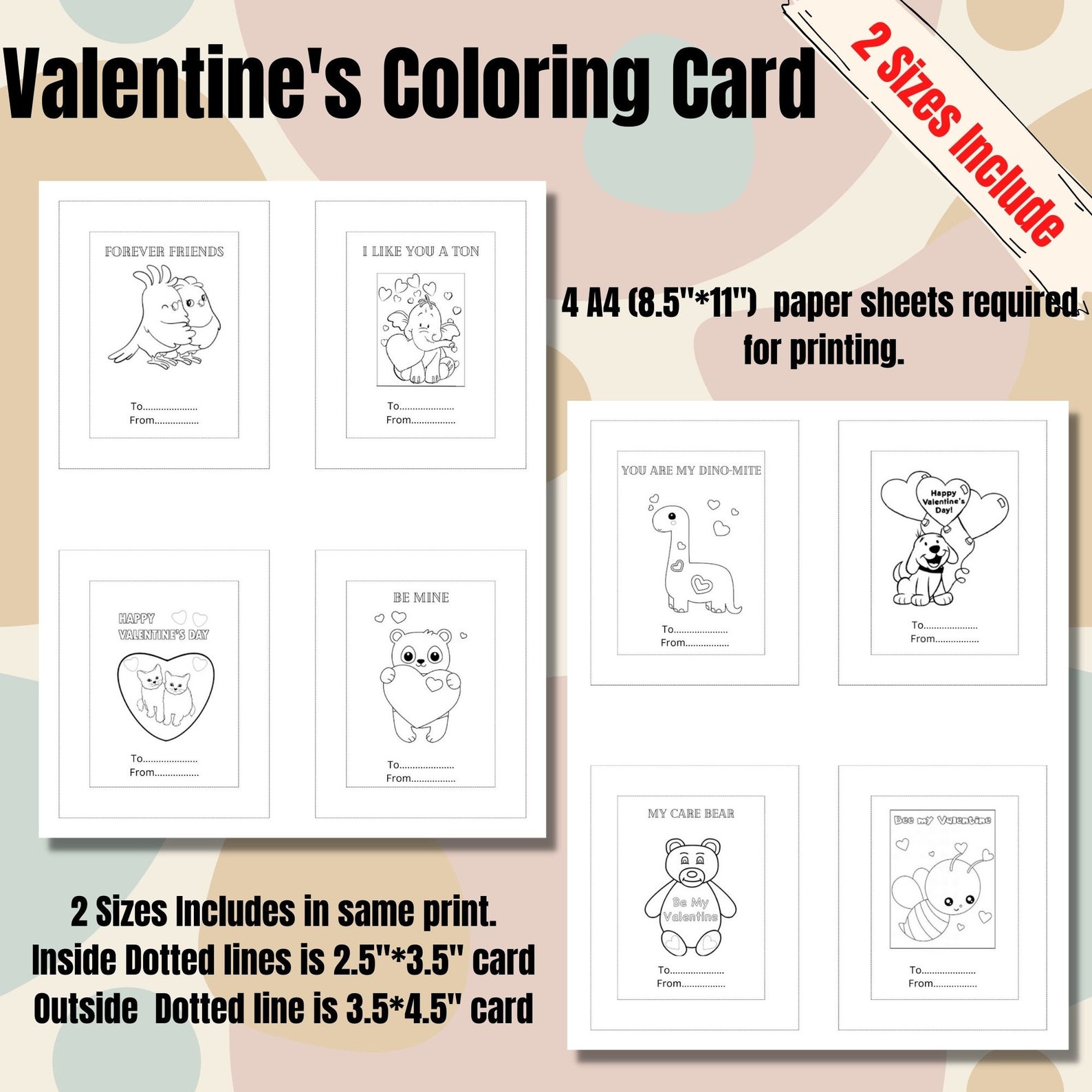 Printable Classroom Kids Valentine Activity Animals Coloring Card Set ...