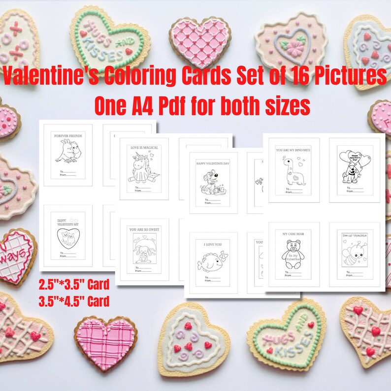 Printable Classroom Kids Valentine Activity Animals Coloring Card Set ...