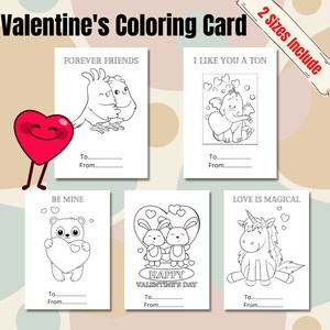 Printable Classroom Kids Valentine Activity Animals Coloring Card Set ...