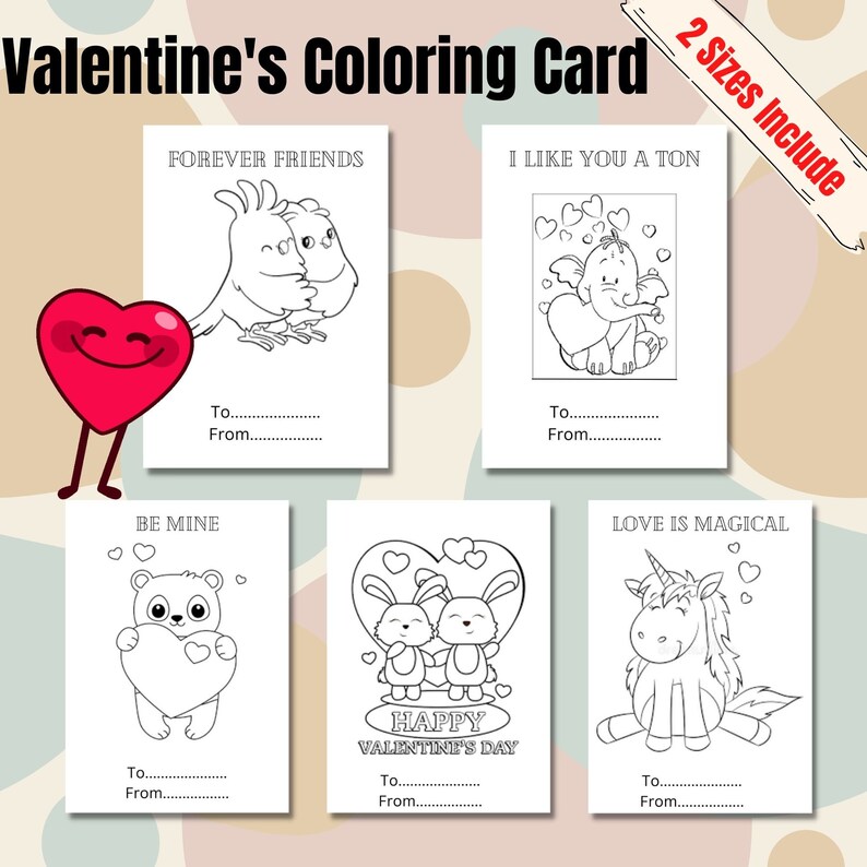 Printable Classroom Kids Valentine Activity Animals Coloring Card Set ...
