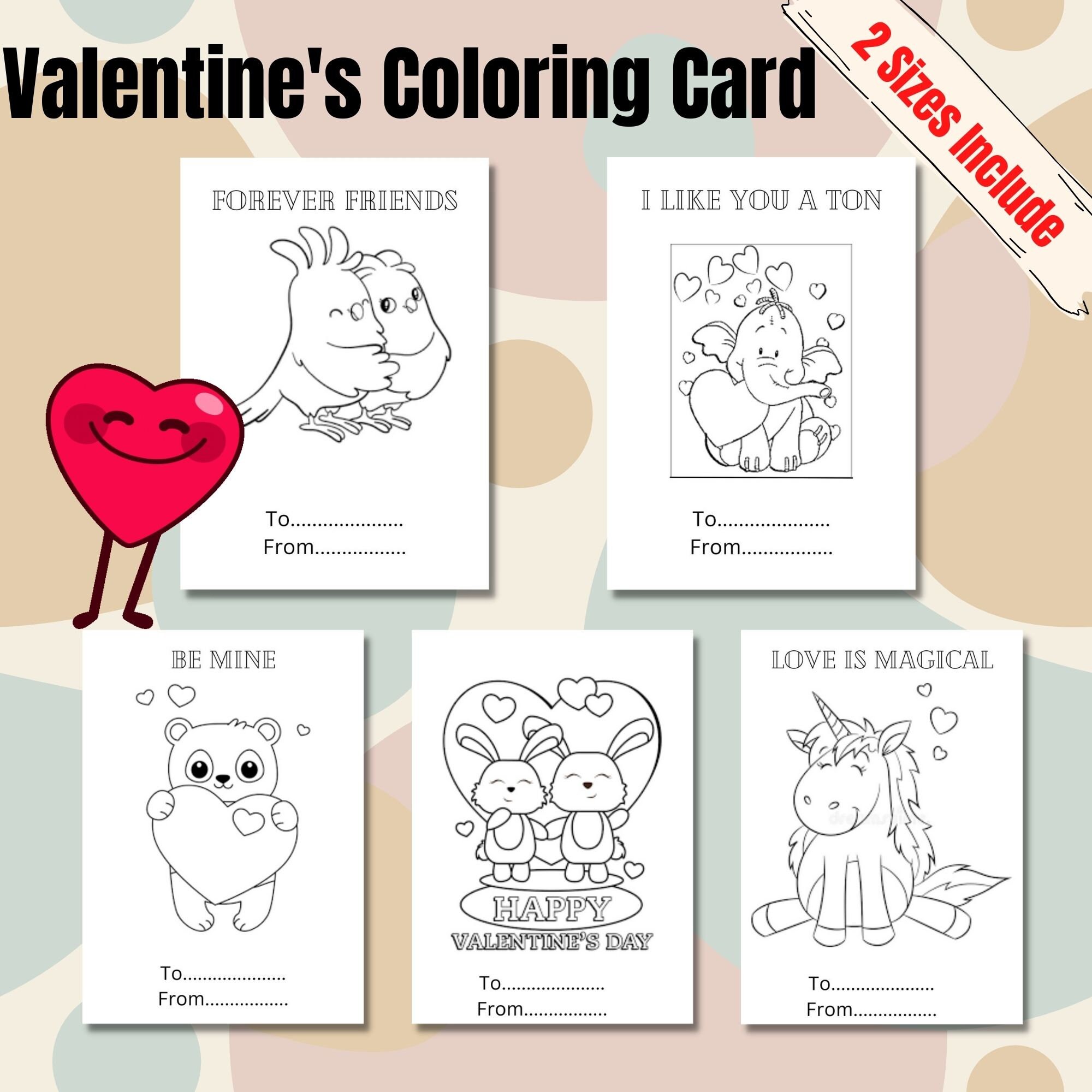 Printable Classroom Kids Valentine Activity Animals Coloring Card Set ...