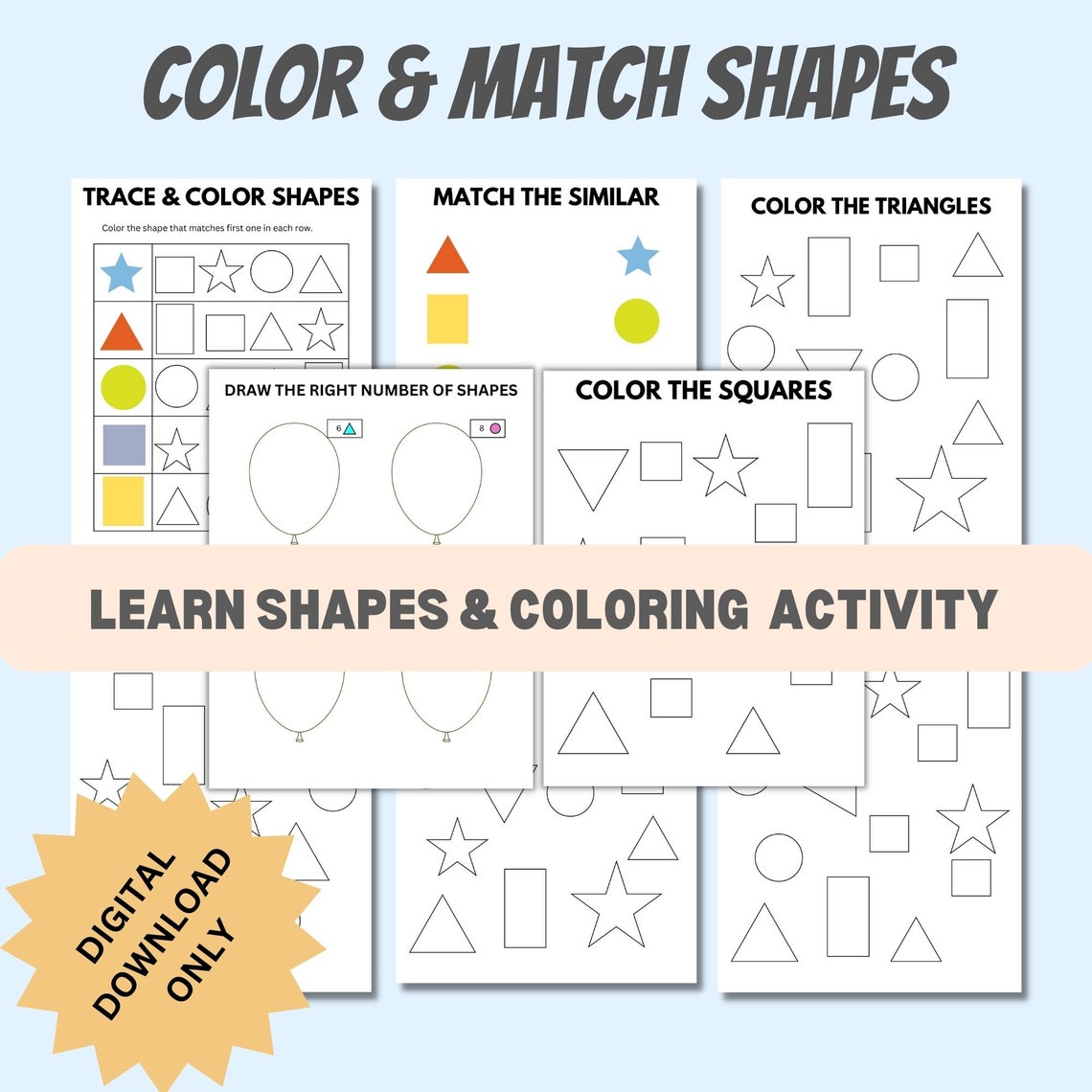 Prek Activity Sheets for Toddlers 50 Pages Fun Math Matching - Etsy