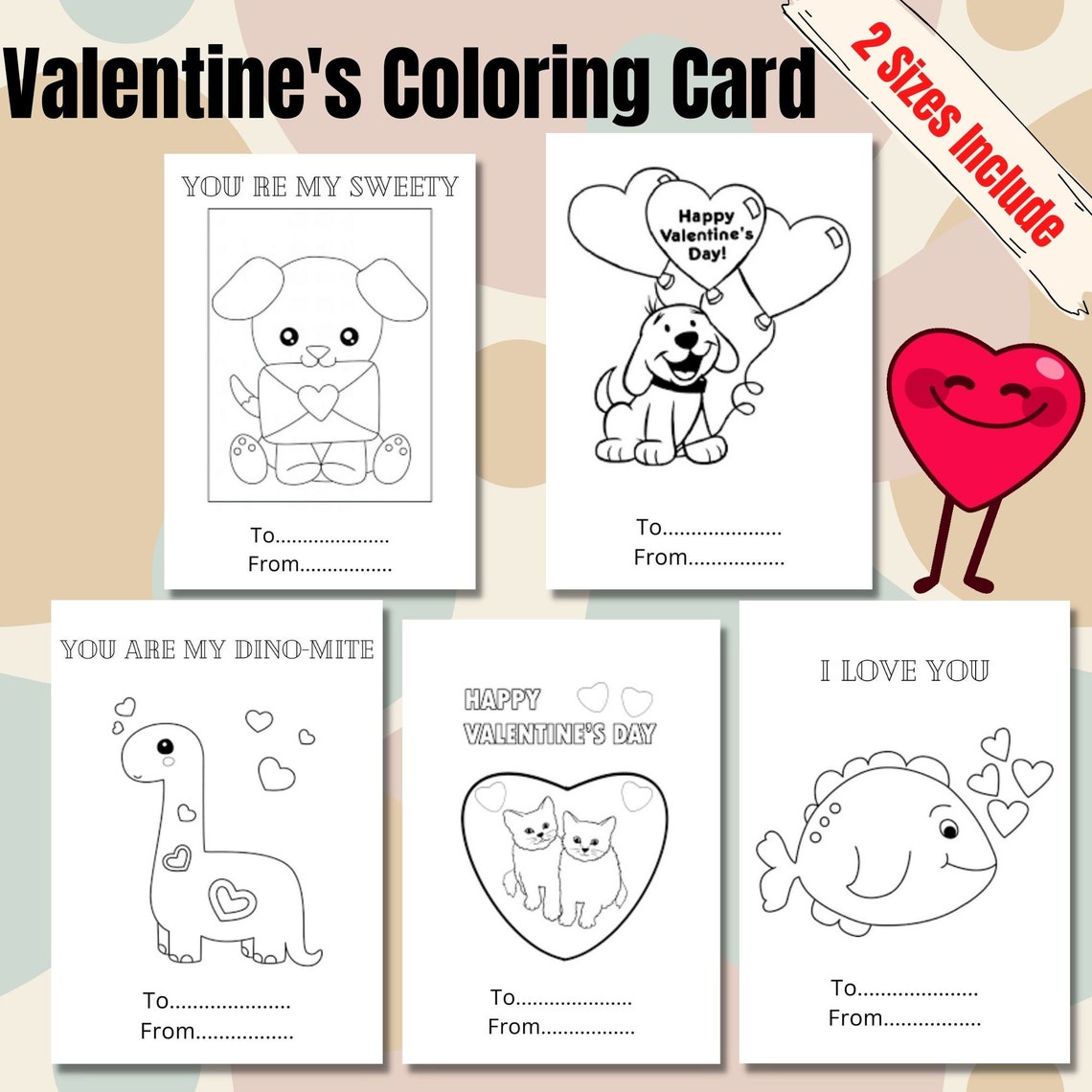 Printable Classroom Kids Valentine Activity Animals Coloring Card Set ...