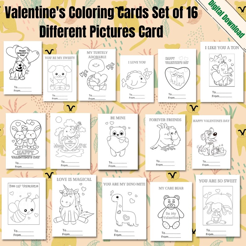 Printable Classroom Kids Valentine Activity Animals Coloring Card Set ...