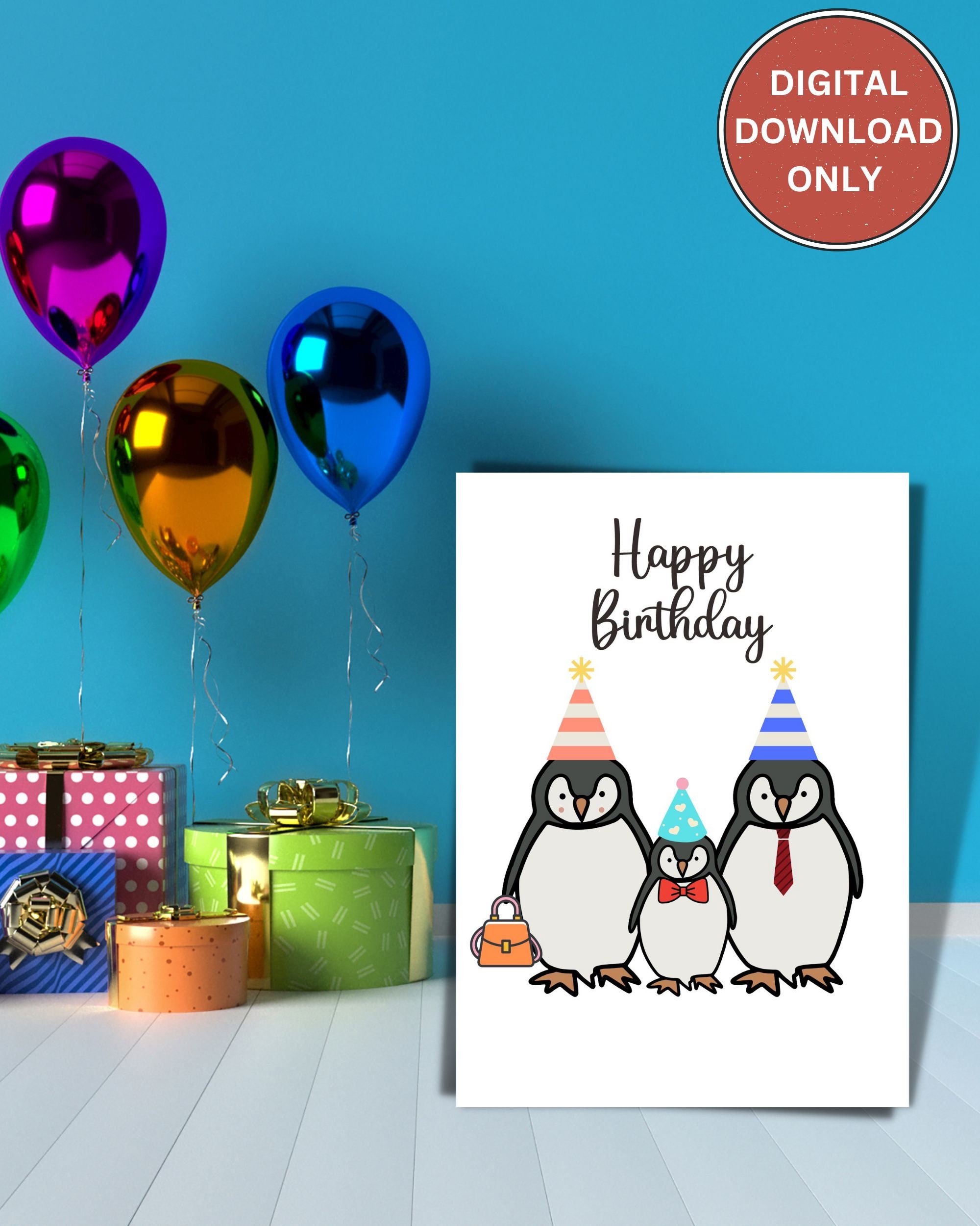 Printable Card, Printable Birthday Card, Happy Birthday Card, Penguin ...
