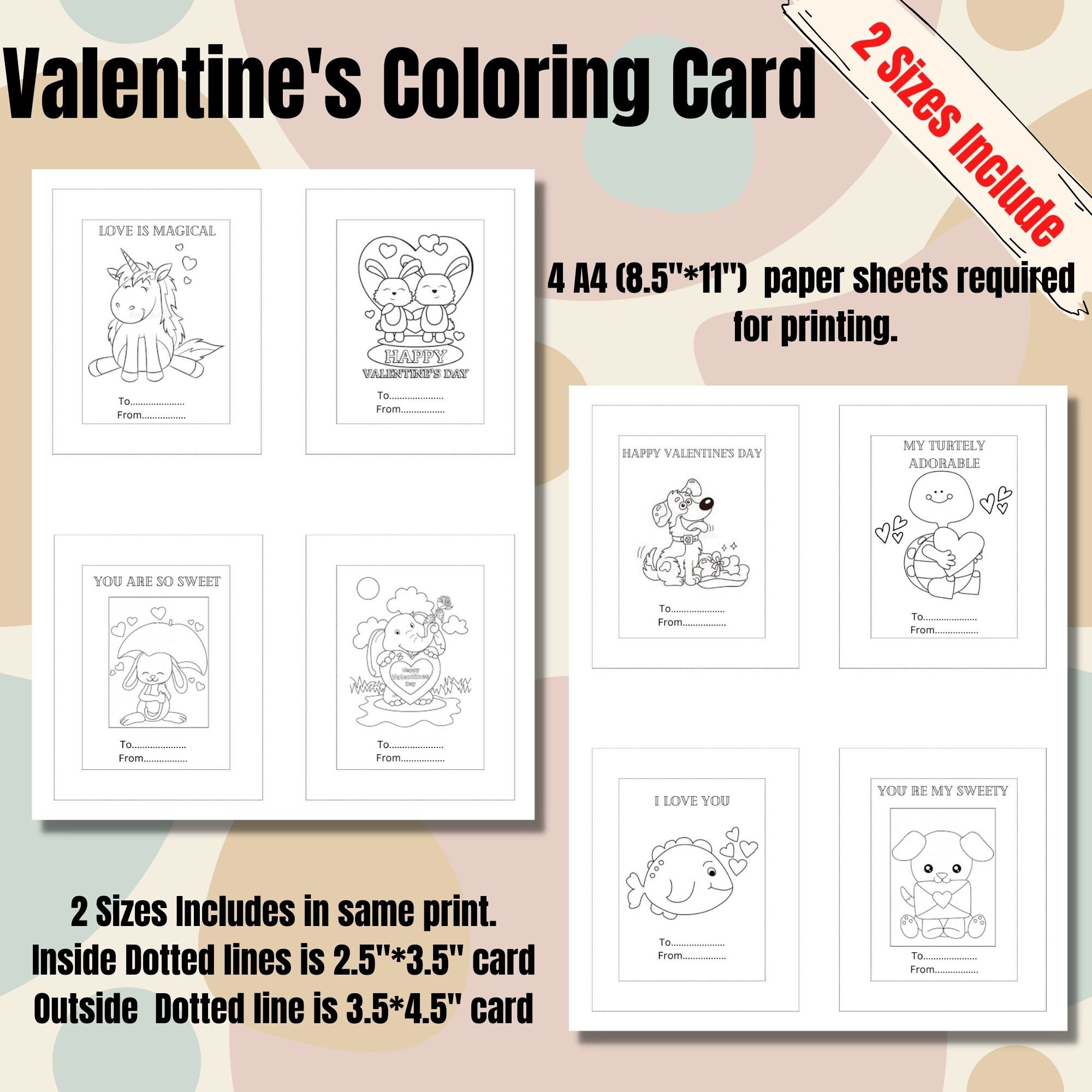 Printable Classroom Kids Valentine Activity Animals Coloring Card Set ...