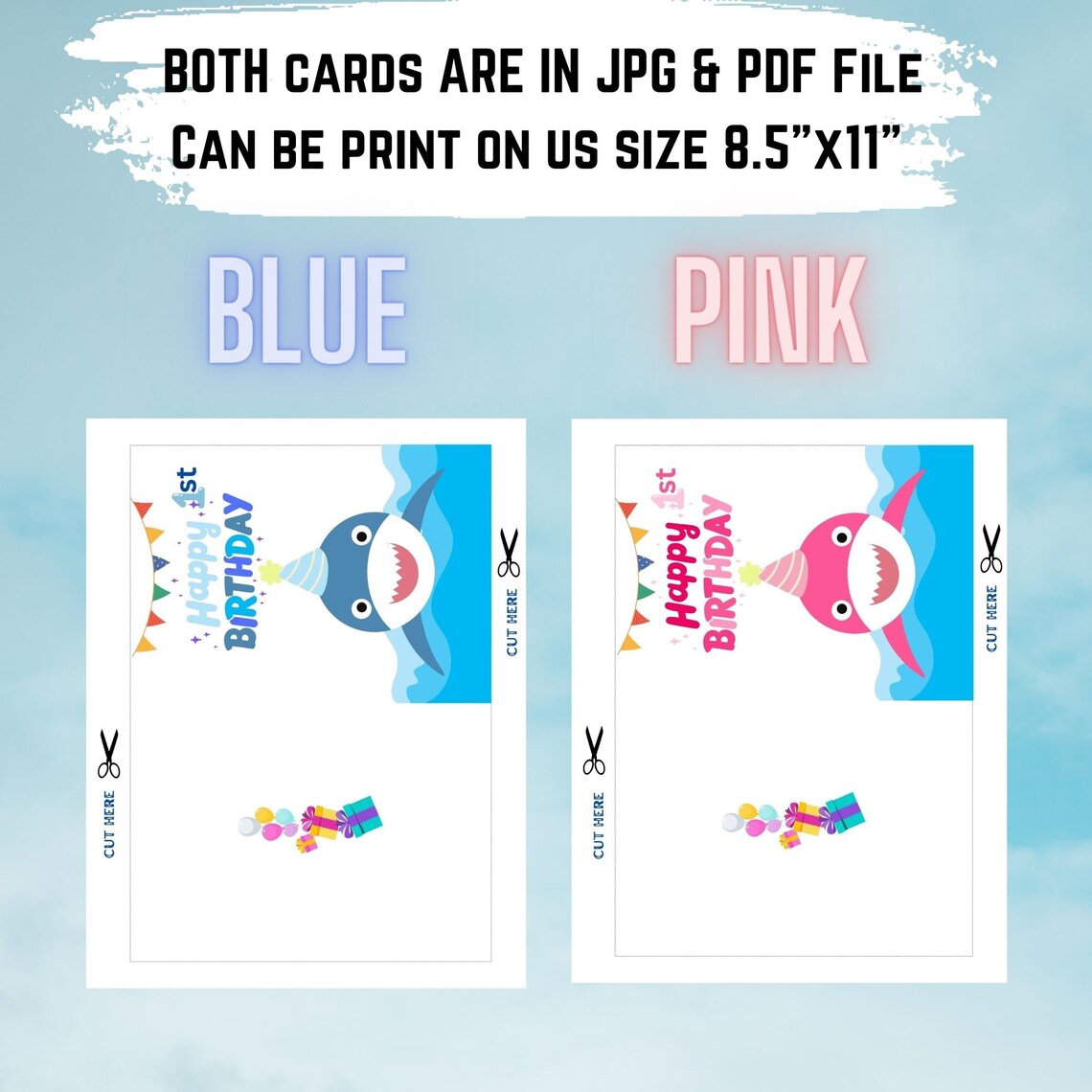 Printable Baby Shark First Birthday Card, Pack of Blue and Pink 1st ...