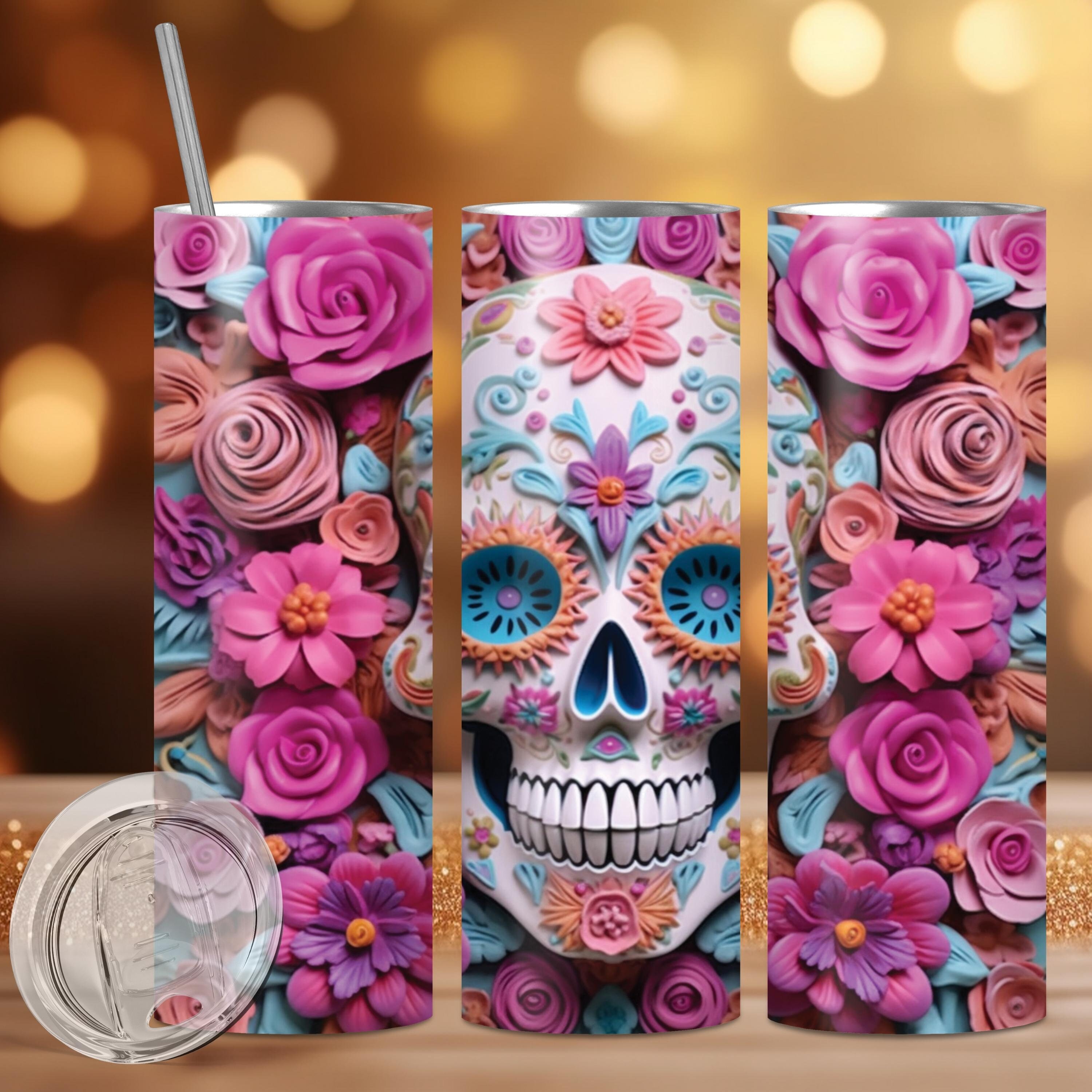 3D Sugar Skull, Florals, and Butterflies 20 Oz Tumbler Wrap - Pinks ...