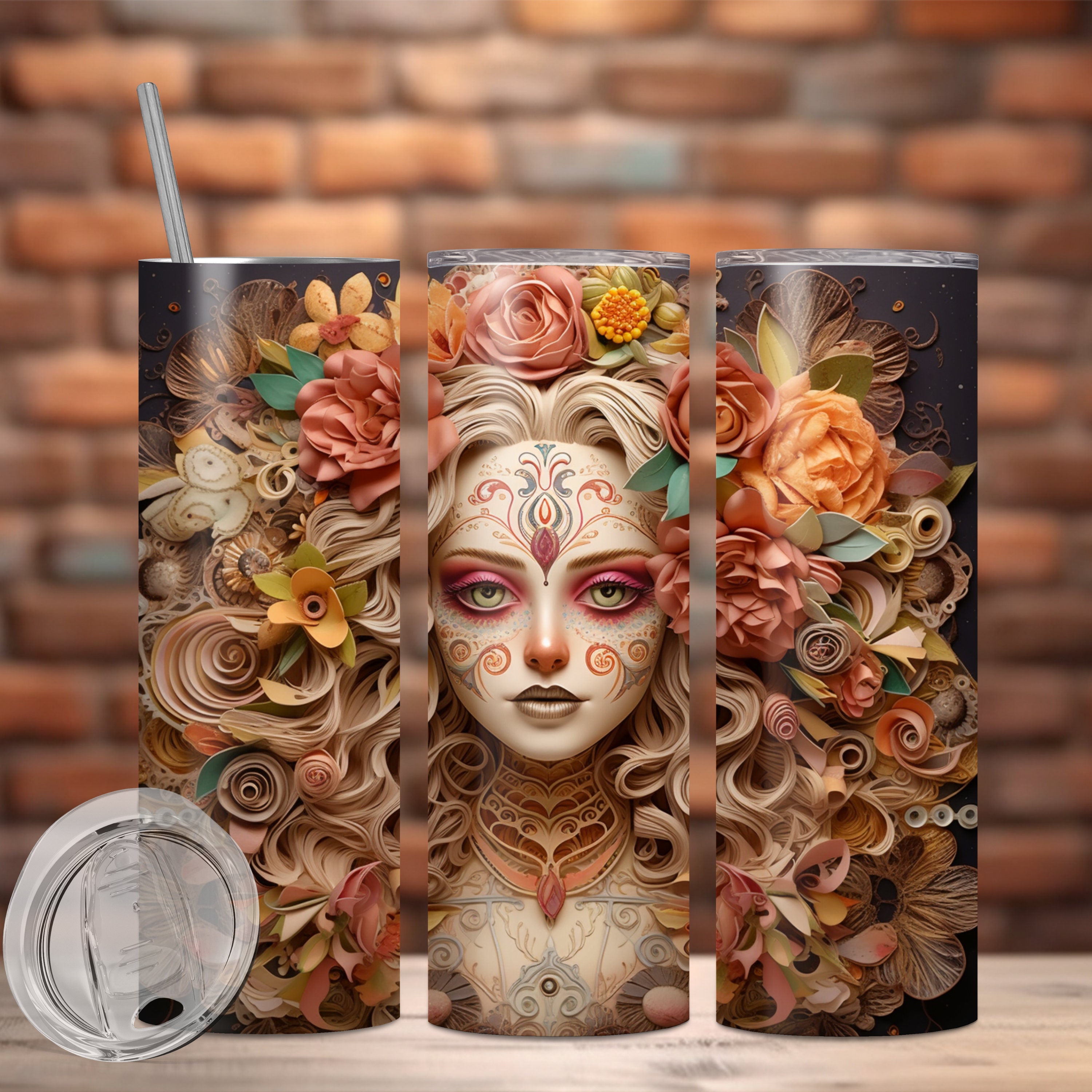 3D Day of the Dead Sugar Skull Catrina 20oz Skinny Sublimation Tumbler ...