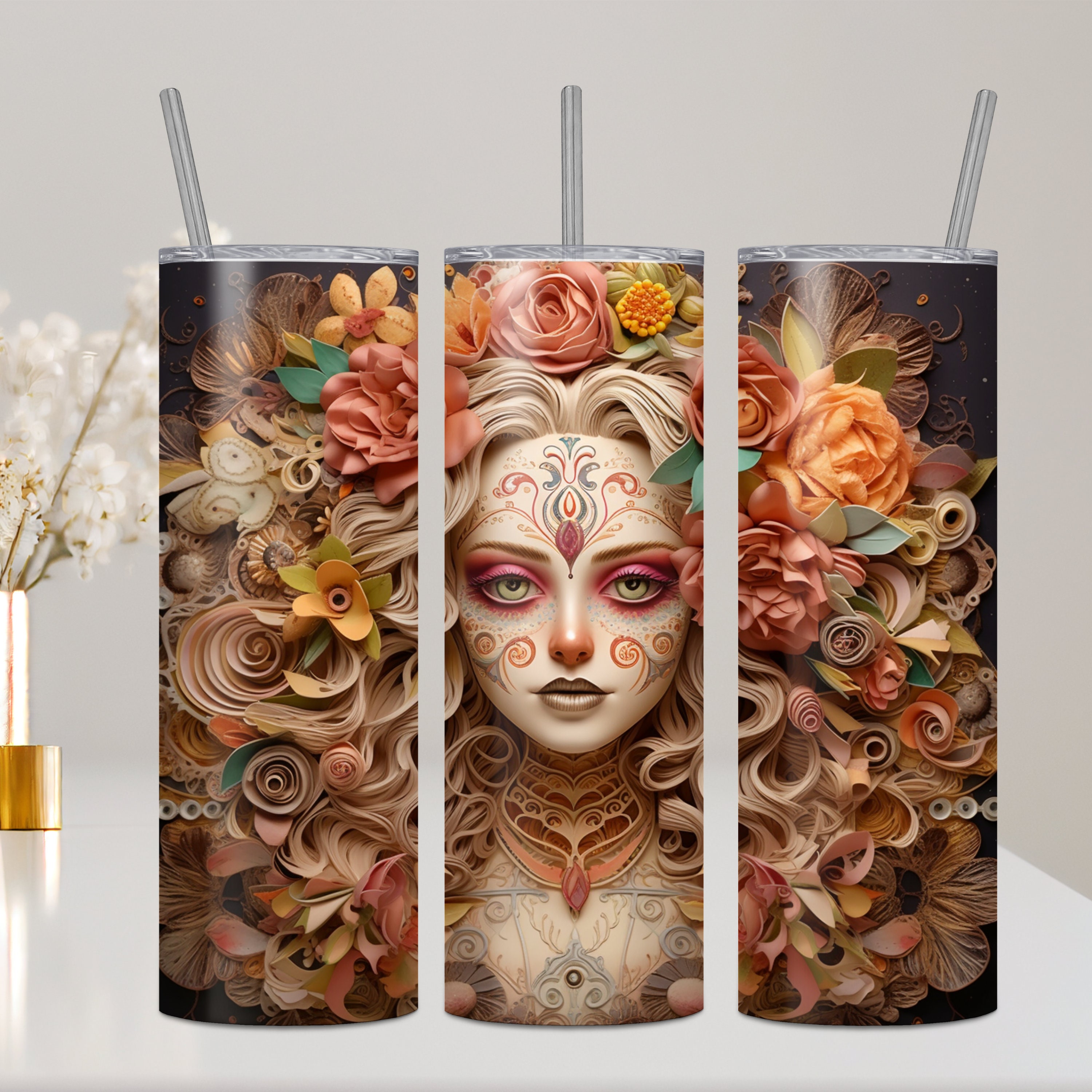 3D Day of the Dead Sugar Skull Catrina 20oz Skinny Sublimation Tumbler ...