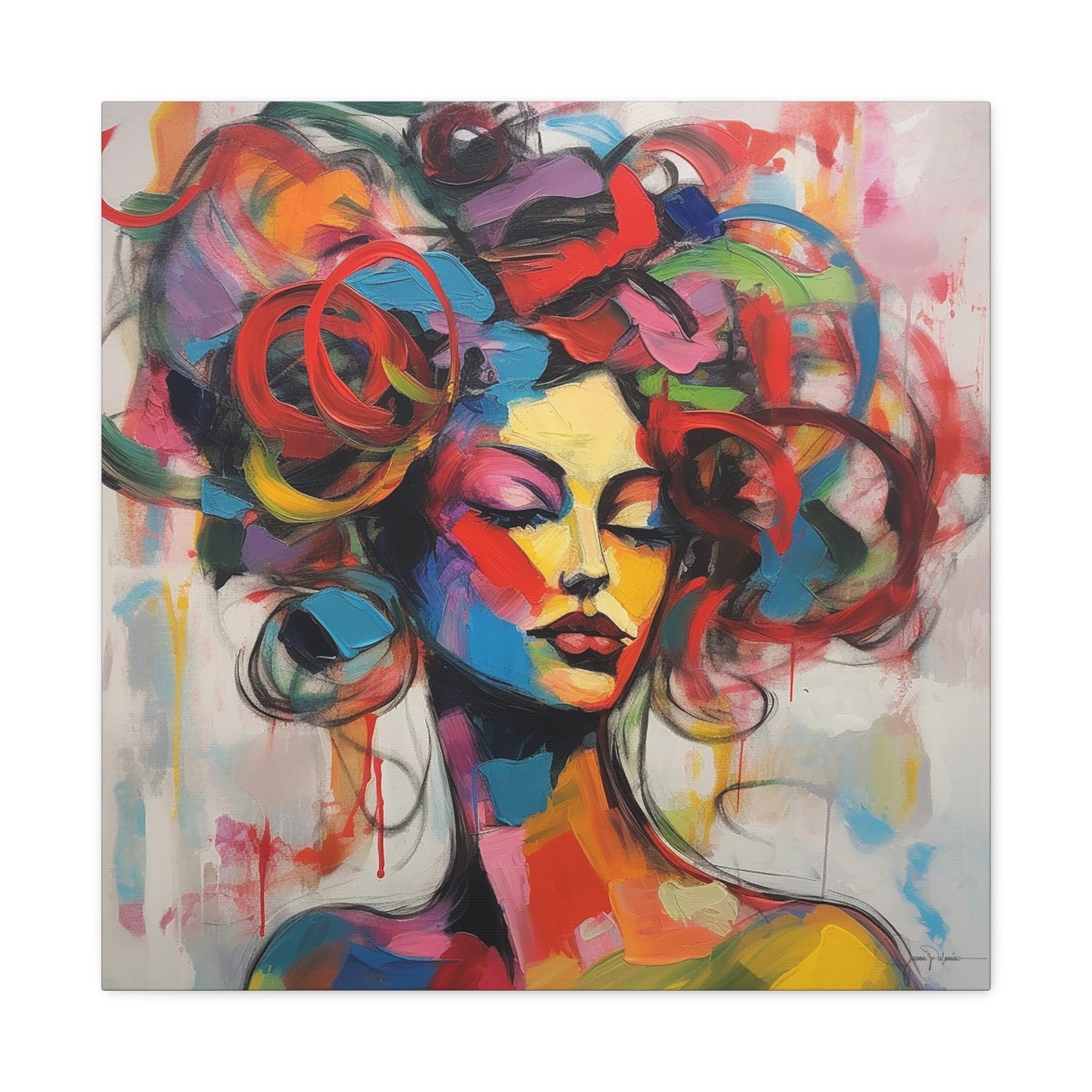 Original Abstract Woman Big Hair Oil Painting on Canvas Print, Ready to ...