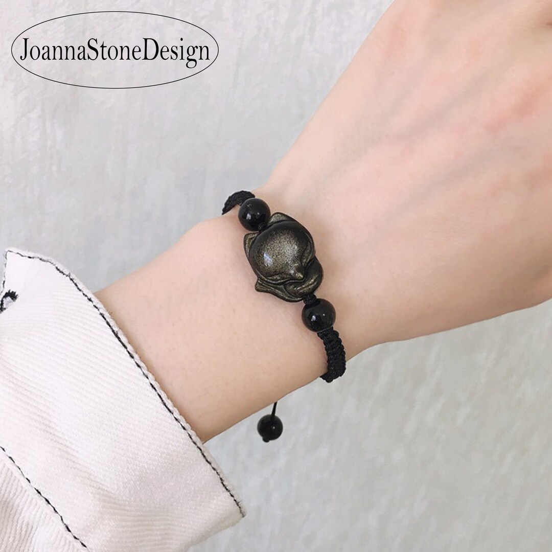 Natural Obsidian Fox Bracelet,fox Pendant Woven Rope Bracelet,obsidian ...