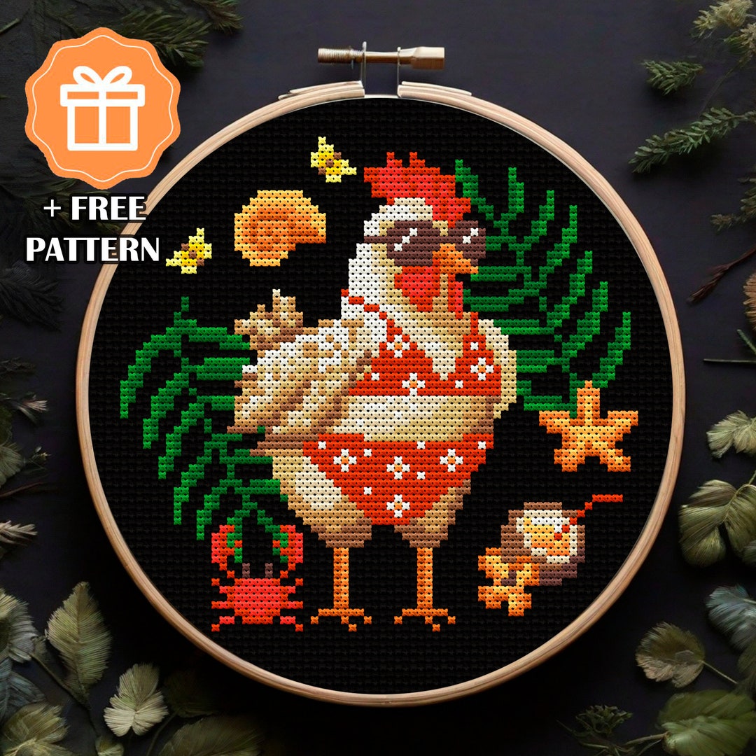 Funny Chicken on the Beach Cross Stitch Pattern PDF, Summer Embroidery ...