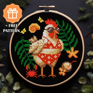 Funny Chicken on the Beach Cross Stitch Pattern PDF, Summer Embroidery ...