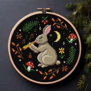 Rabbit Plays Flute, Cottagecore Cross Stitch Pattern PDF, Woodland ...