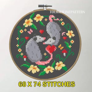 Floral Possums Cross Stitch Pattern PDF, Cute and Funny Opossum Embroidery, Trash Panda Spring ...