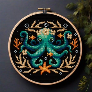 Floral Octopus Cross Stitch Pattern PDF, Creepy Cute Marine Embroidery ...