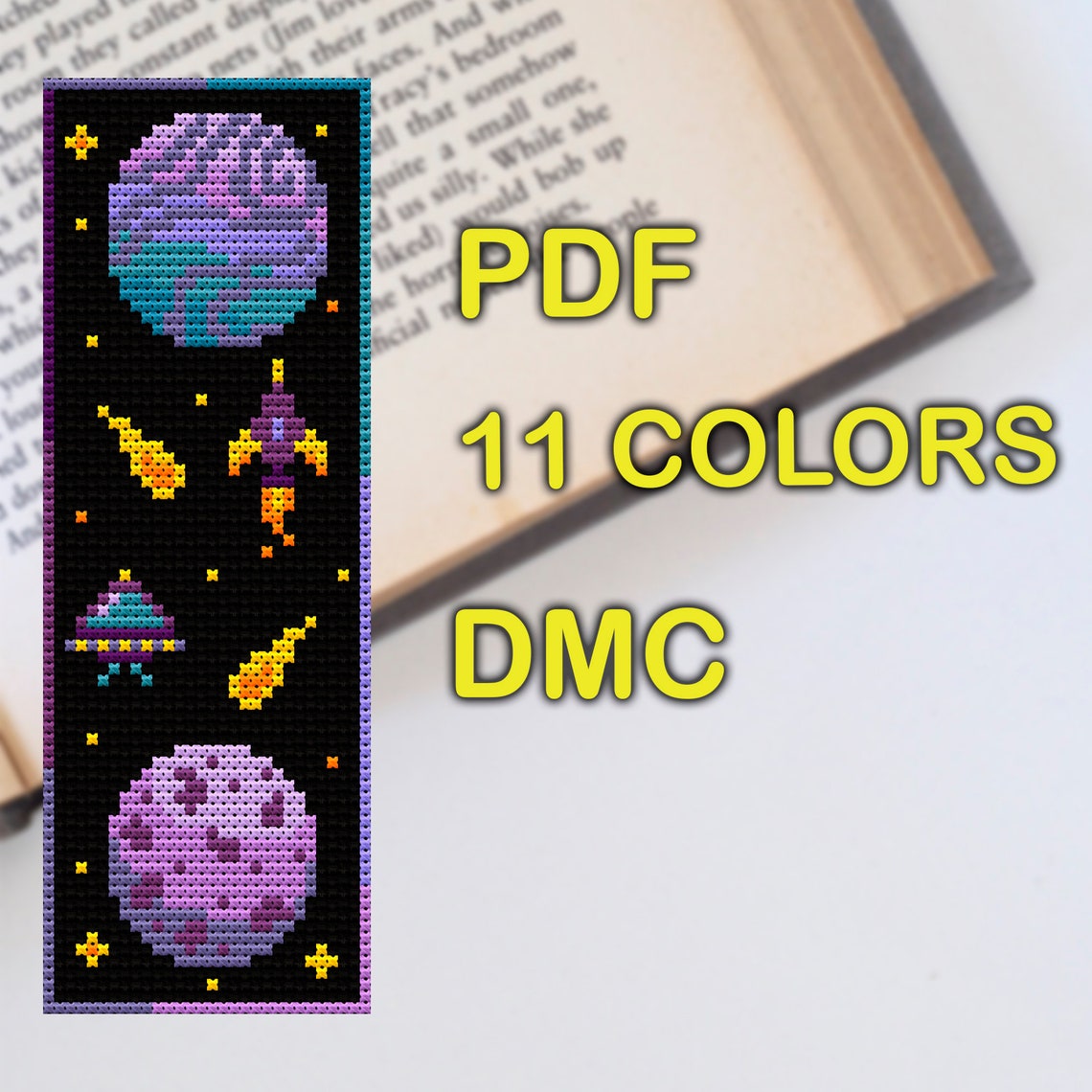 Space Bookmark Cross Stitch Pattern PDF, Galaxy Planets With Rocket ...