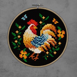 Spring Cockerel Cross Stitch Pattern PDF Floral Chicken Cottagecore ...